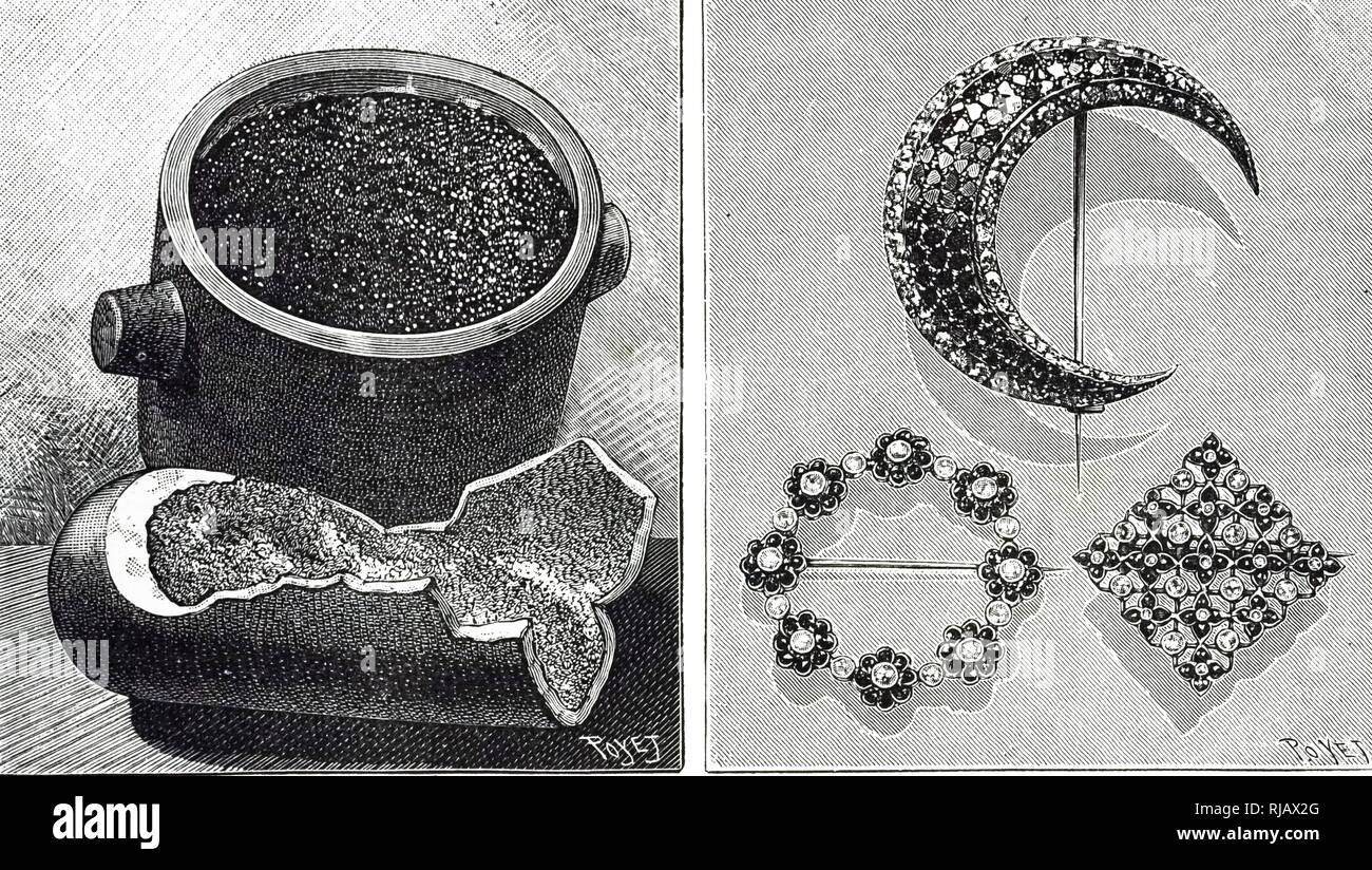 An engraving depicting synthetic rubies: (left) crucible containing a ...