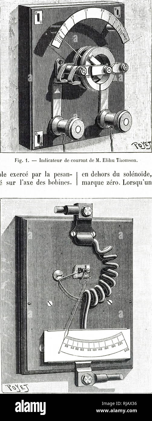 An engraving depicting Thomson's current indicator (top) and Bergmann's ...