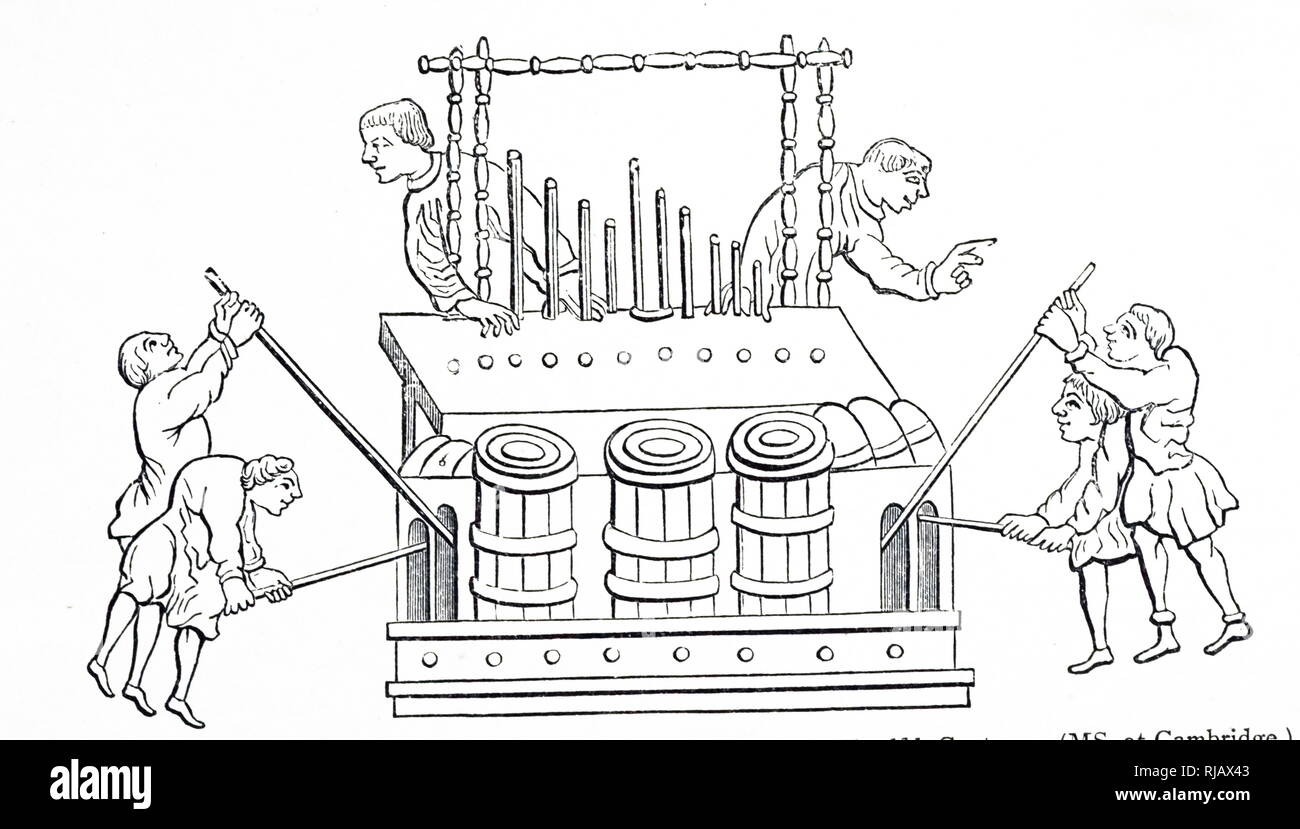 A woodcut engraving depicting an early English church organ with ...