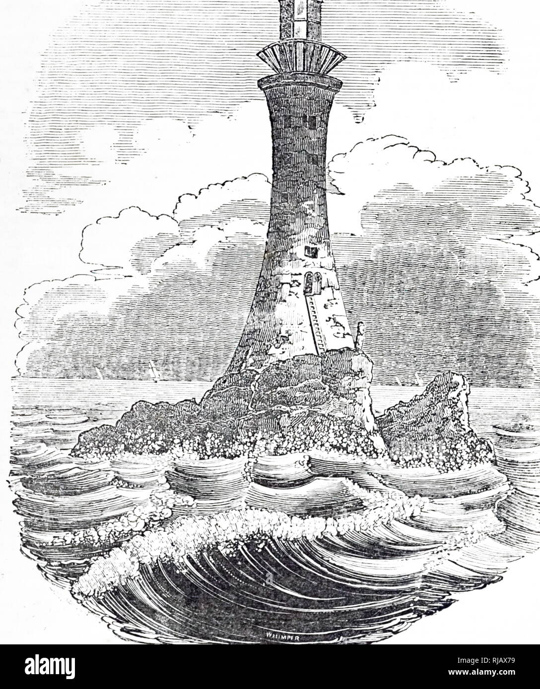 An engraving depicting Bell Rock Lighthouse, off the coast of Angus ...