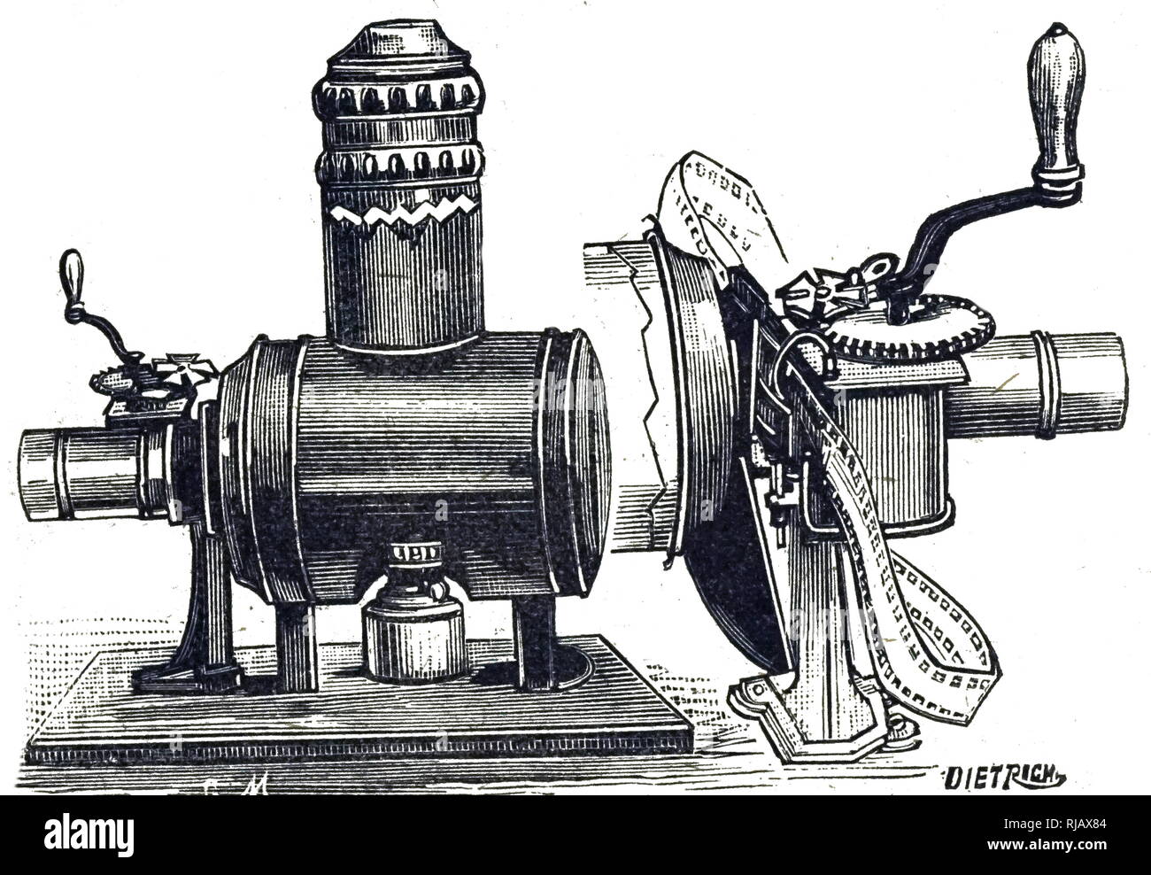 An engraving depicting a hand-cranked film projector. Dated 19th ...