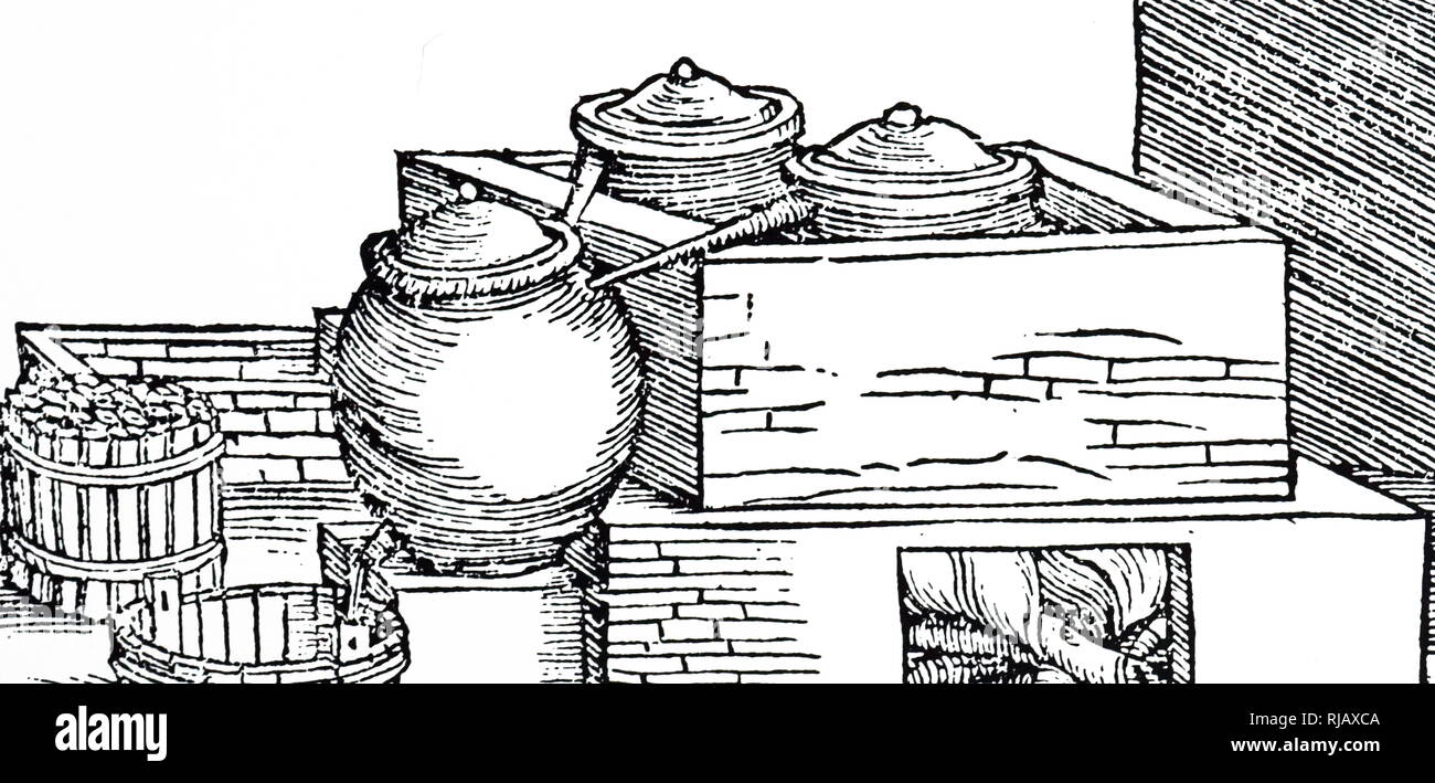 A woodcut engraving depicting the distillation of sulphur by heating in ...