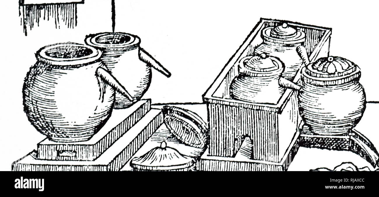 A woodcut engraving depicting the distillation of sulphur by heating in ...