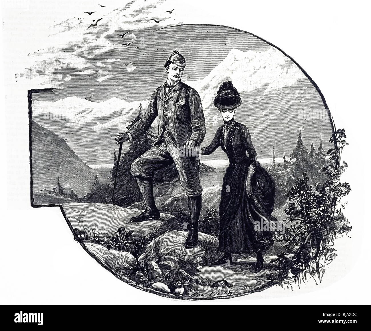 An engraving depicting a couple walking in the Alps. Illustrated by ...