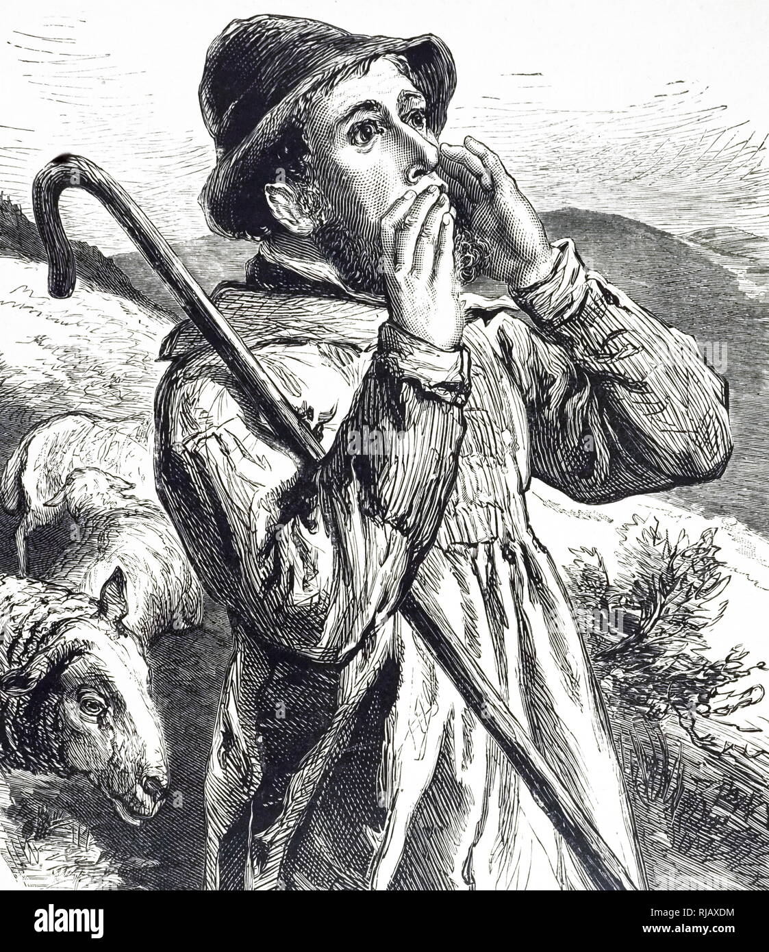 An engraving depicting a shepherd in the Welsh mountains. Dated 20th ...