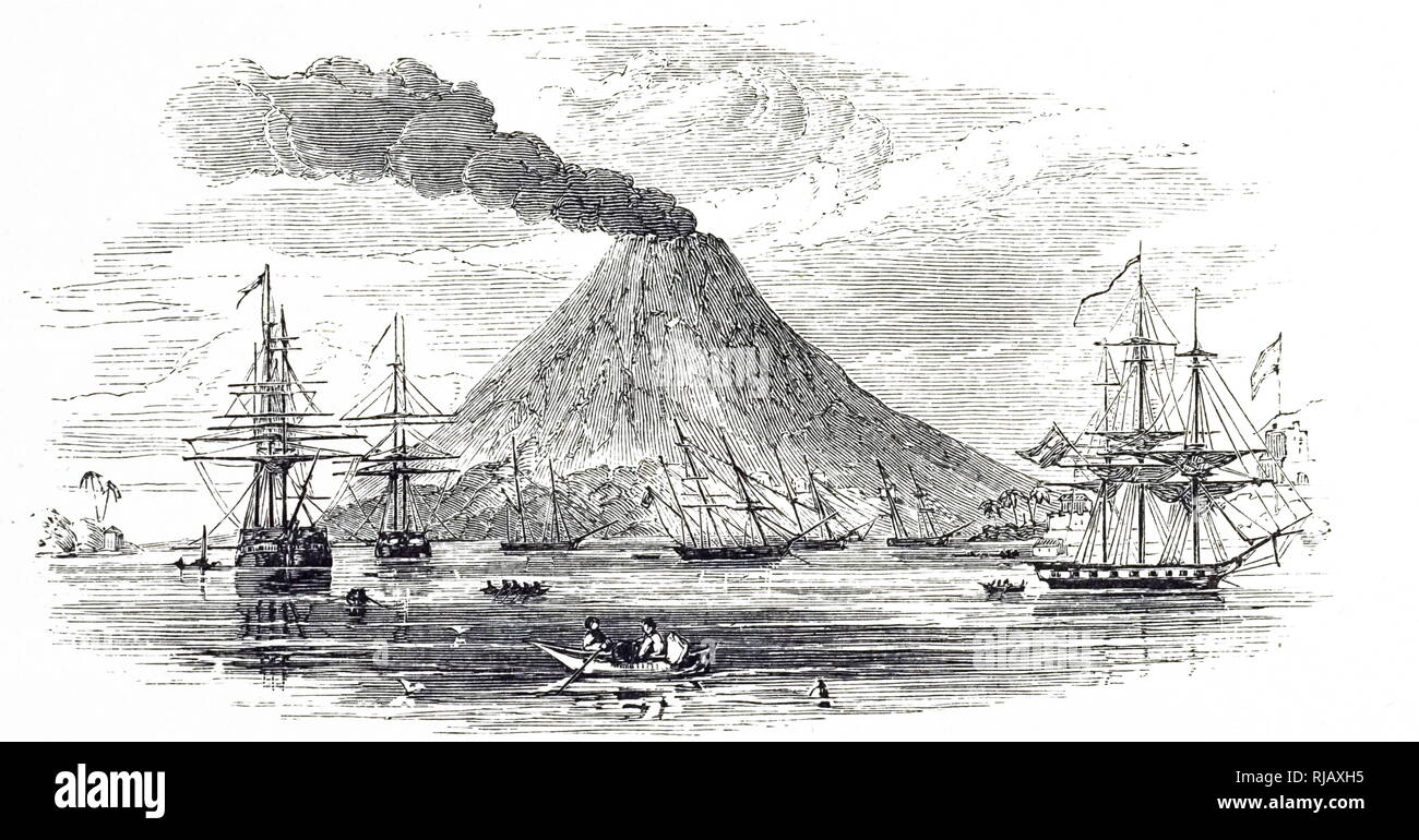 An engraving depicting Gunung Api located on the Banda Islands, located ...