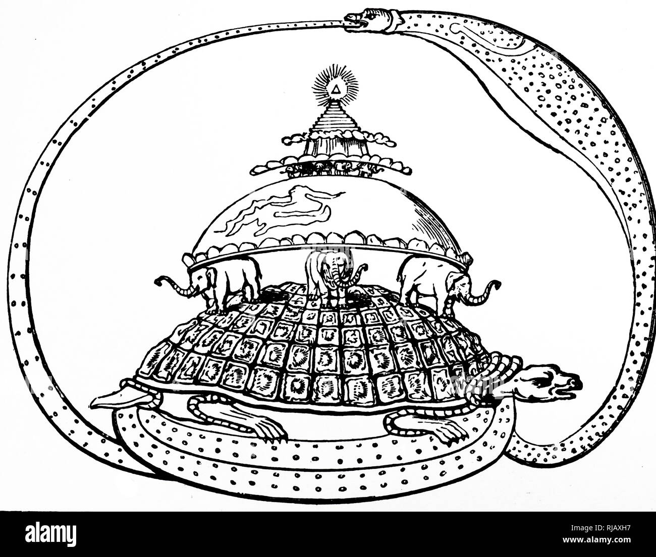 A woodcut engraving depicting the Hindu conception of the universe ...