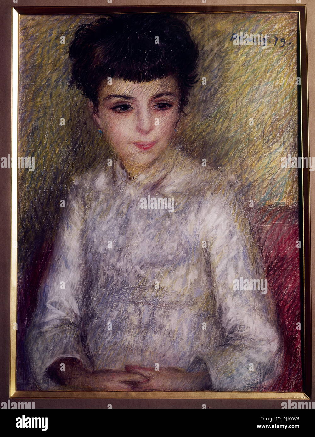 Portrait of young brunette girl, sitting with hands crossed. pastel on ...
