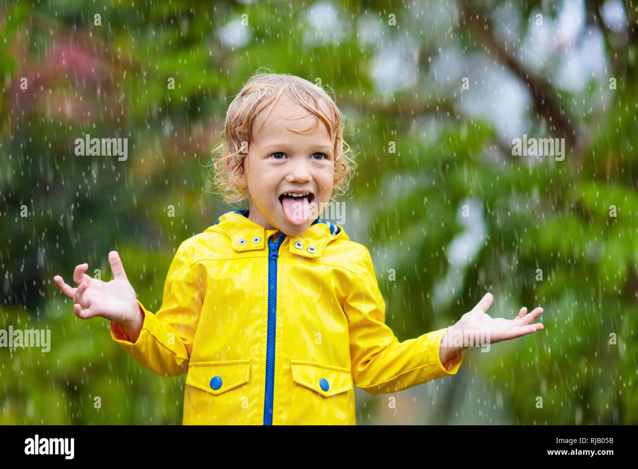 Kids play in autumn rain. Child playing outdoor on rainy day. Little ...