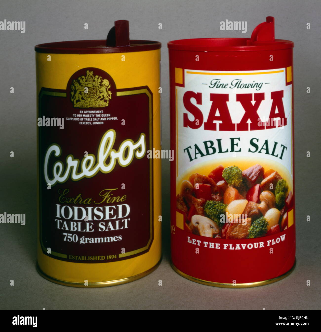 Saxo and Cerebos salt containers circa 1990 Stock Photo - Alamy