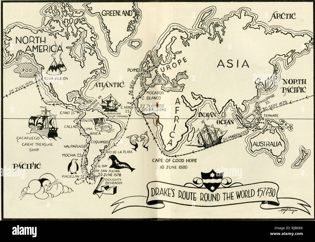 Map of Drake's route round the world, 1577-1580 Stock Photo - Alamy