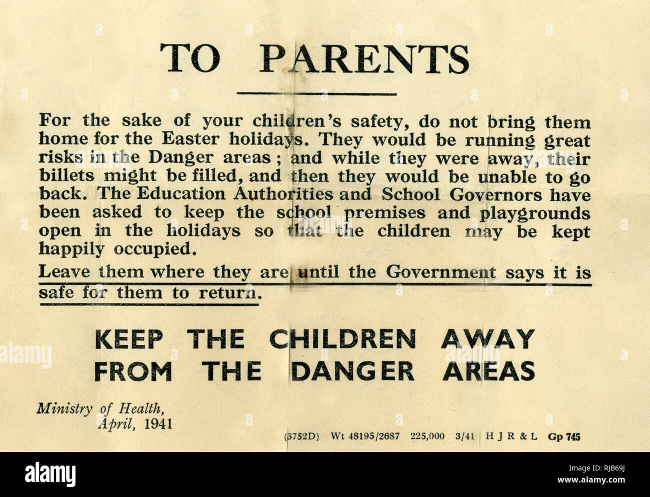 Ministry of Health leaflet, To Parents, WW2 Stock Photo - Alamy