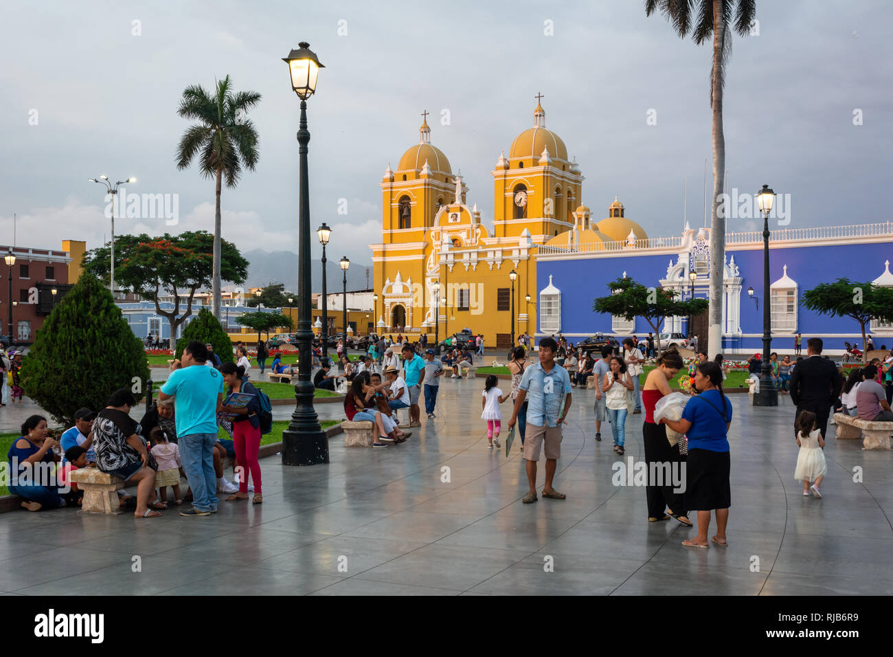 A view of the colonial style main square in Trujillo, Peru Stock Photo ...