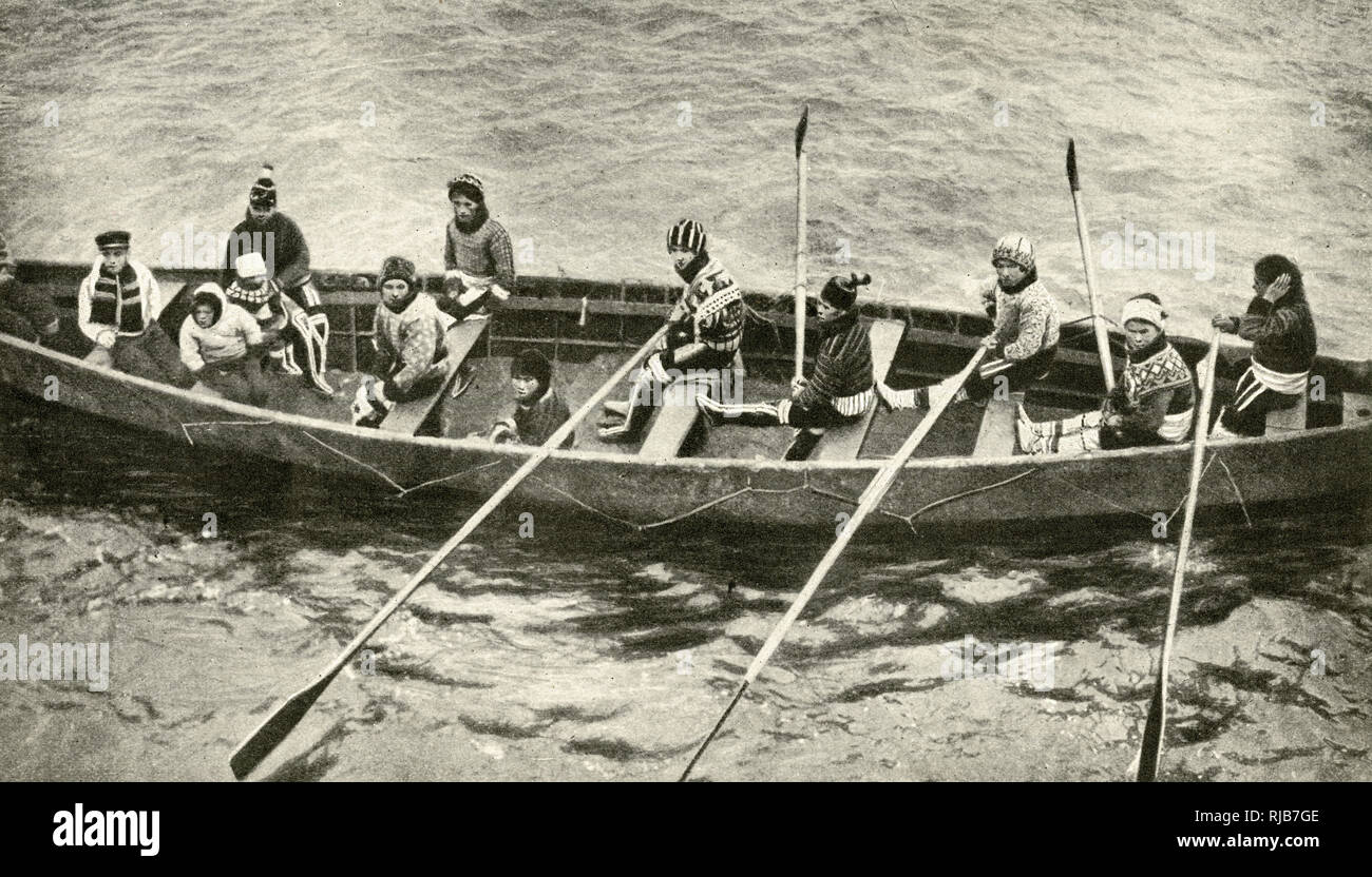 Eskimos rowing a boat, Greenland Stock Photo - Alamy