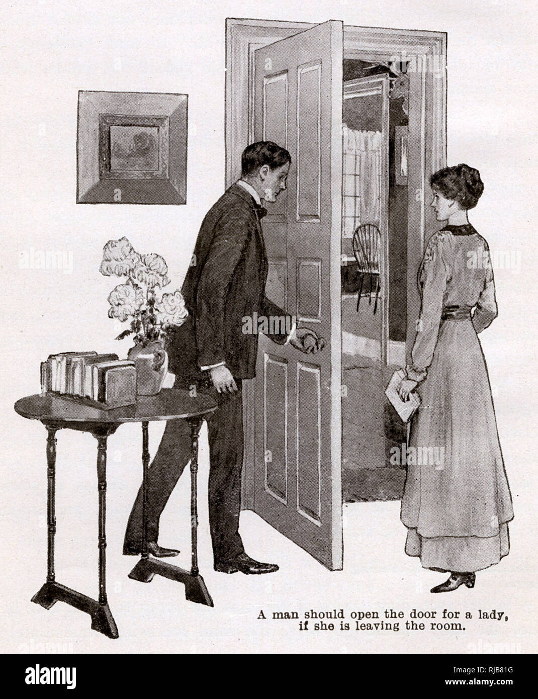 Illustration - man opening the door for a lady Stock Photo - Alamy
