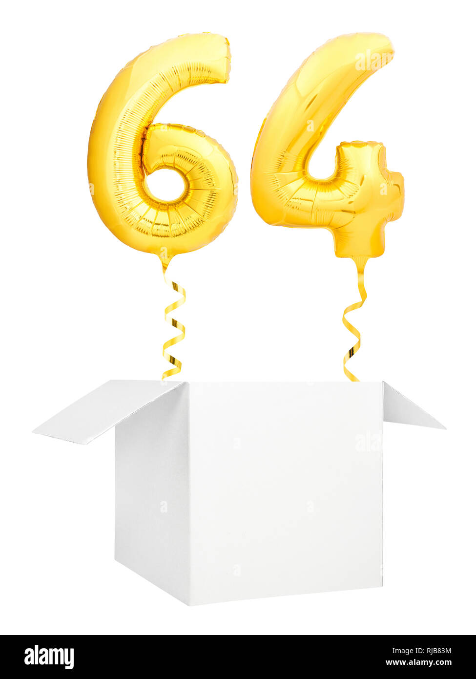 Golden number sixty four inflatable balloon with golden ribbon flying ...