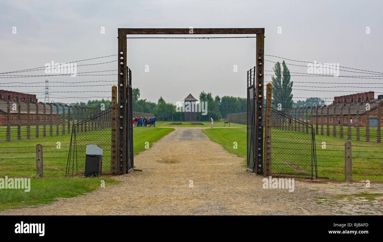 A gate in a barbed wire fence in the Birkenau Auschwitz II ...