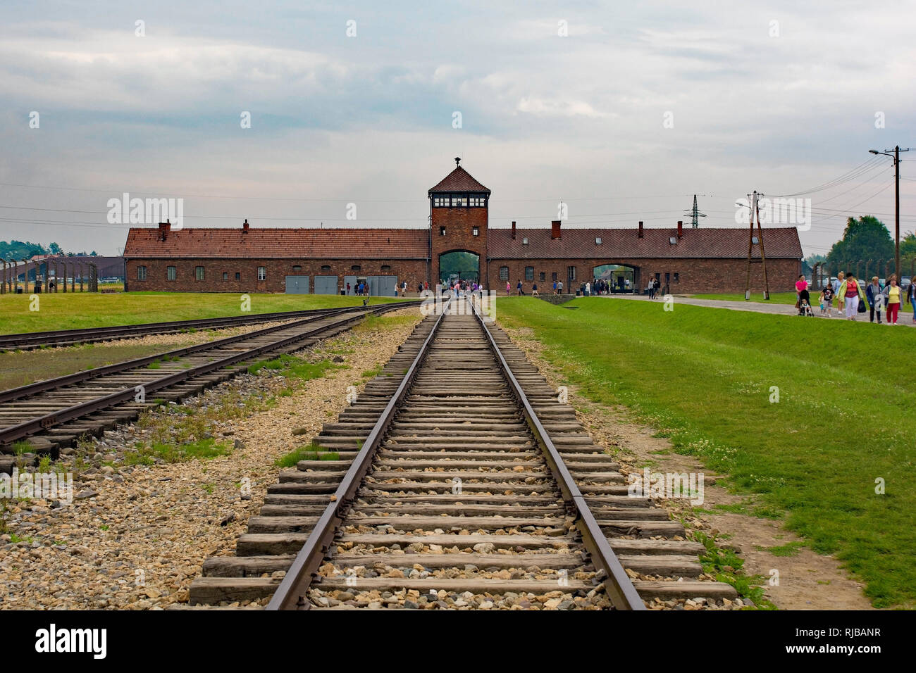 Oswiecim, Poland - July 11th 2018. The main gate and guard tower ...