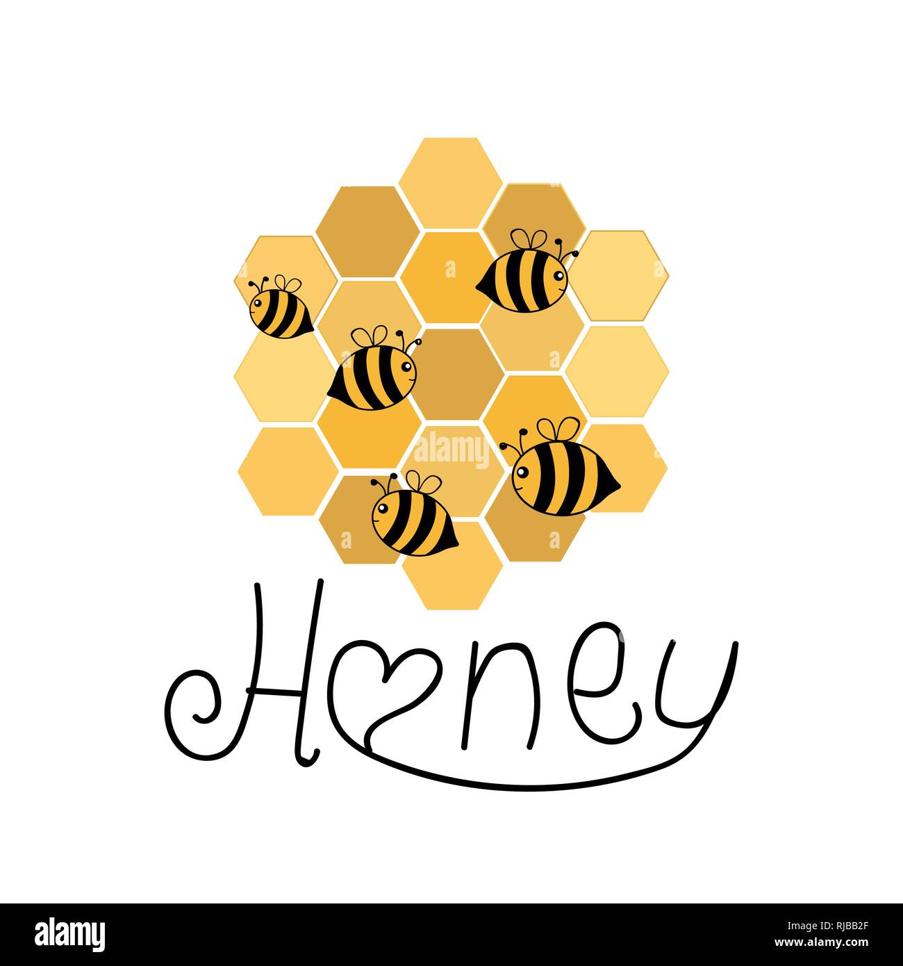Composition of hand drawn cartoon style bees with honeycombs. Vector ...