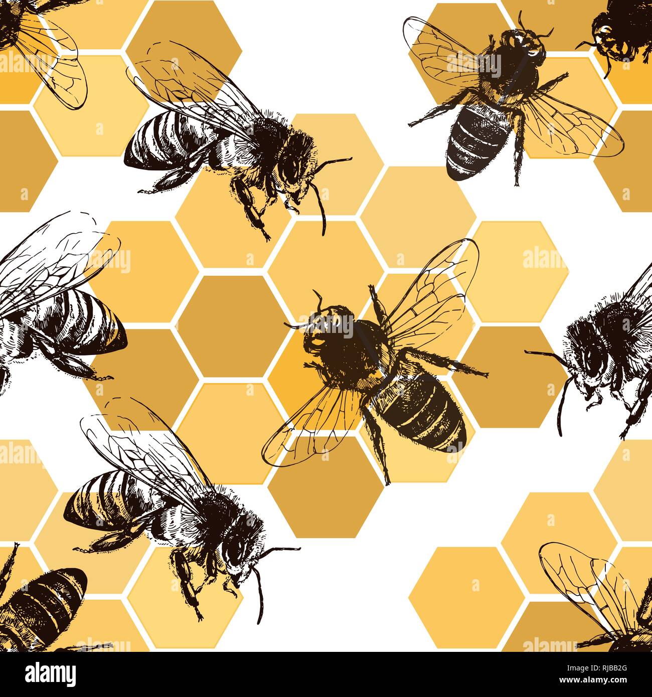 Seamless pattern of hand drawn sketch style bees and honeycombs. Vector ...