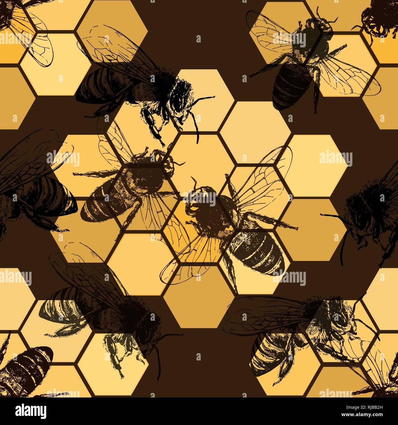 Seamless pattern of hand drawn sketch style bees and honeycombs. Vector ...