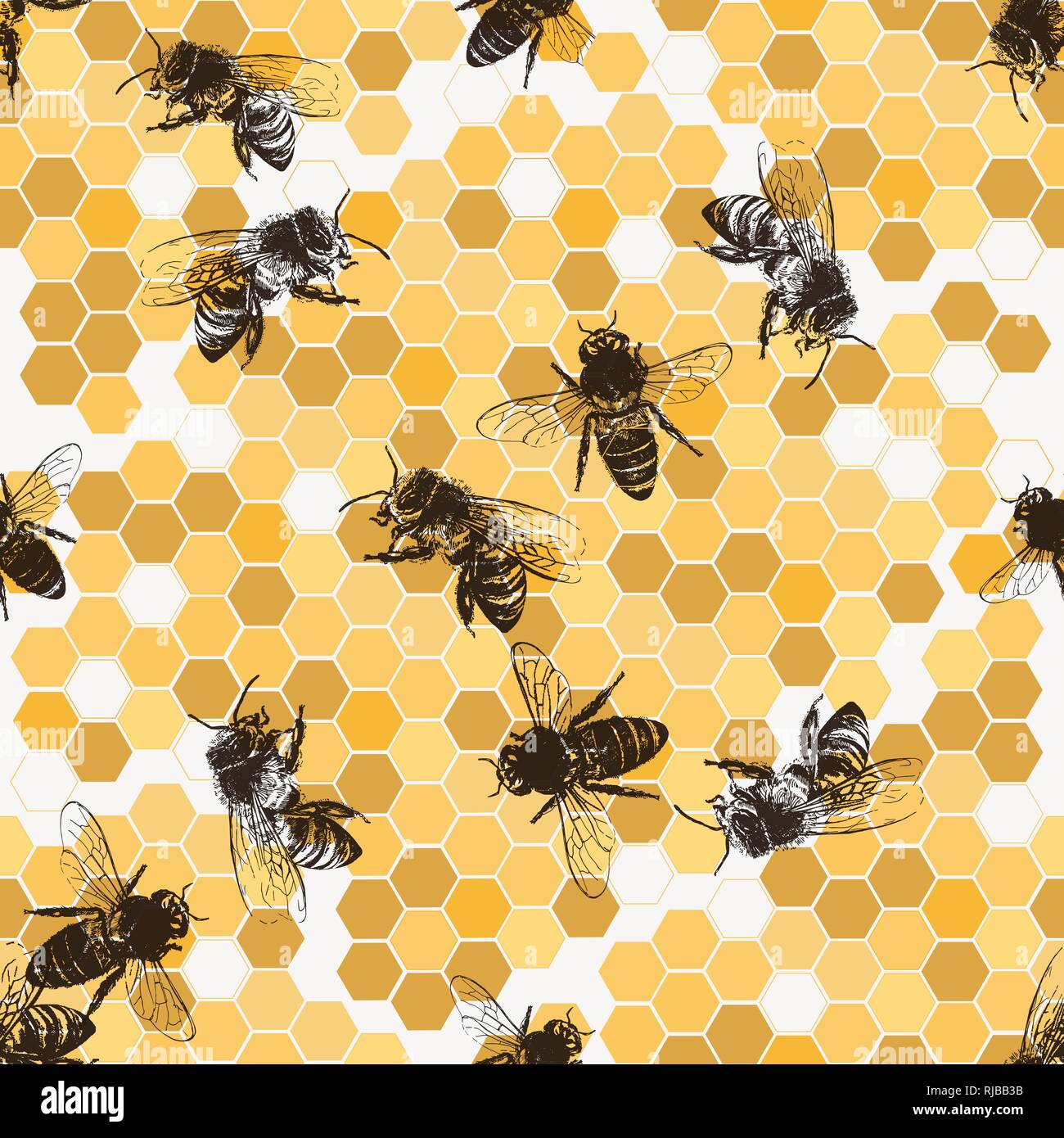 Seamless pattern of hand drawn sketch style bees and honeycombs. Vector illustration Stock ...