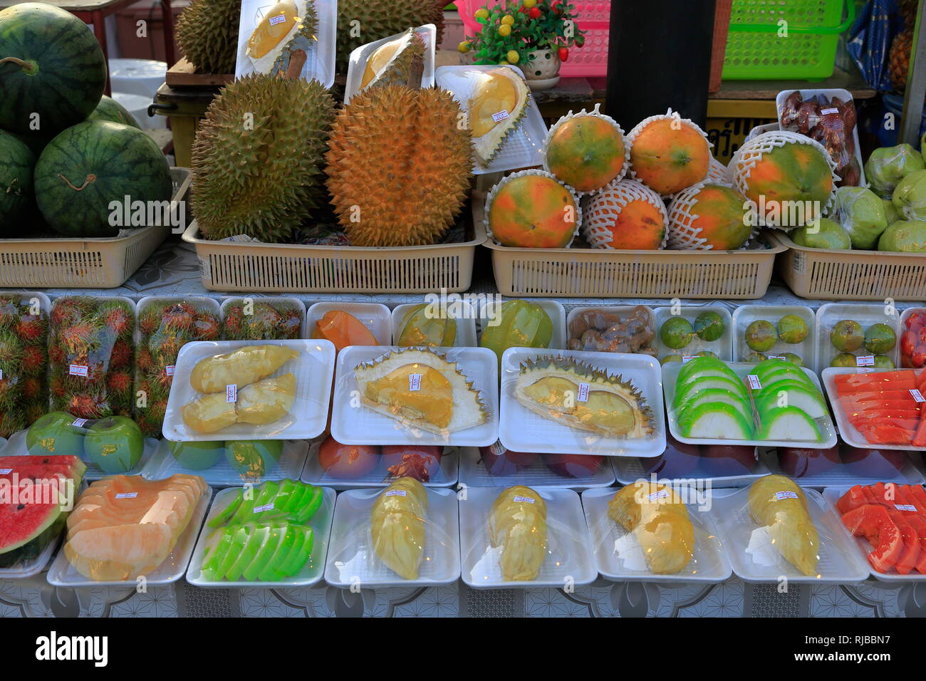 Tropical fruits in exhibition, Thailand. Located in distant Asian ...