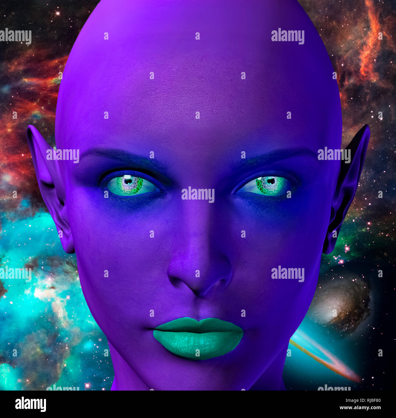 The face of female alien. Colorful universe on a background Stock Photo ...