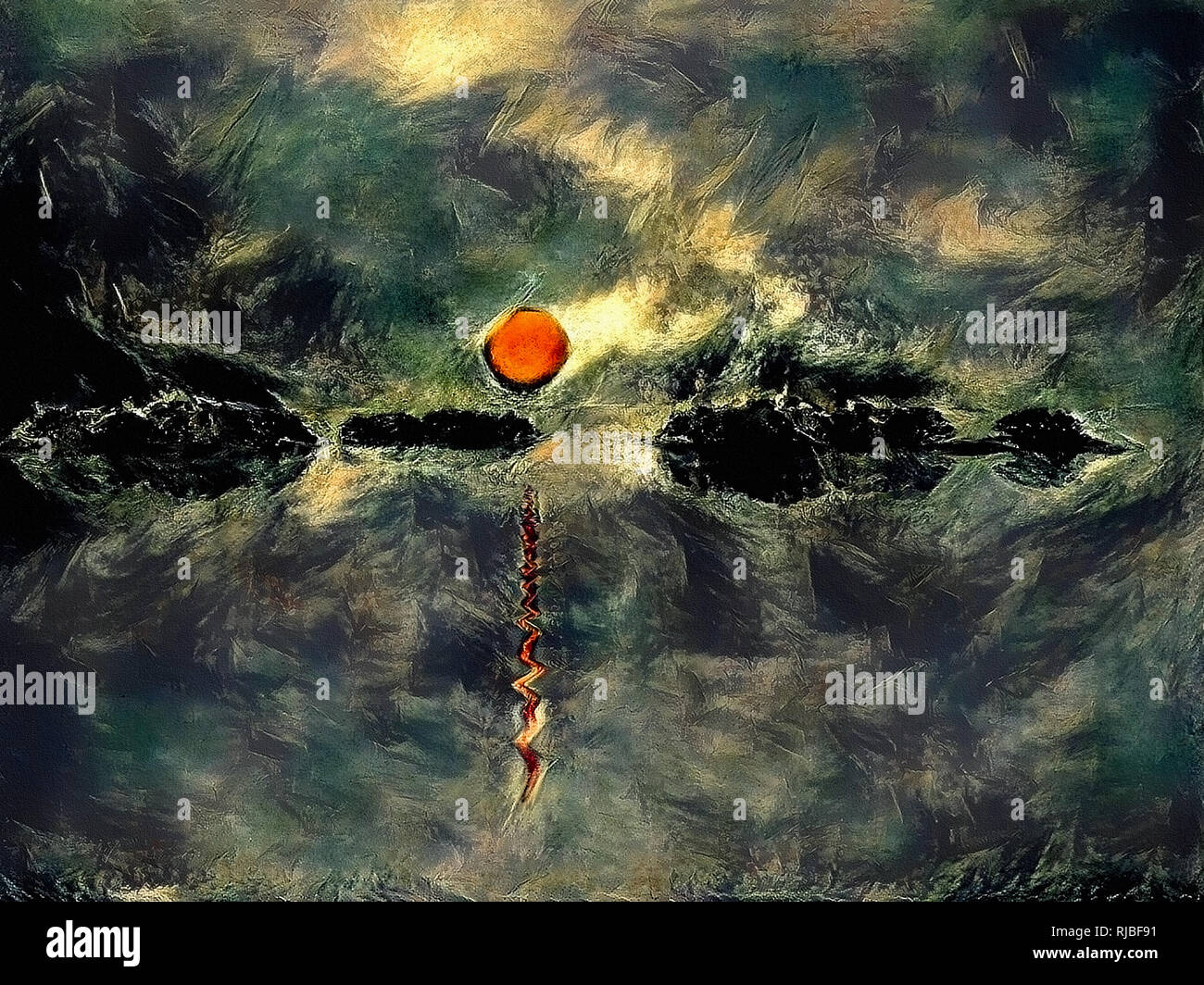 Abstract painting. Sunset over forest lake Stock Photo - Alamy