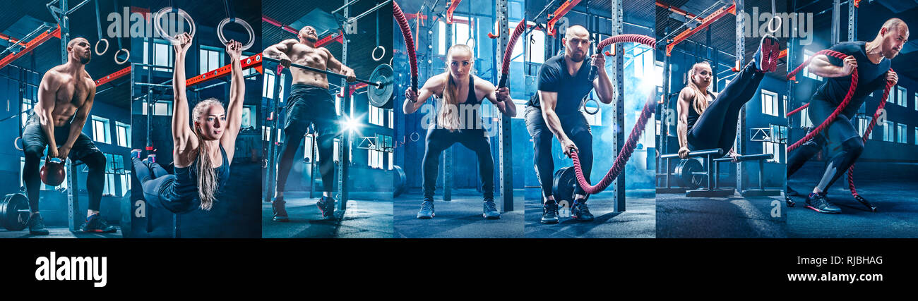 Collage about man with battle rope and woman in the fitness gym. The ...