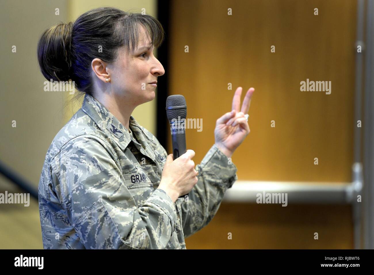 Col. Jennifer Grant, 50th Space Wing commander, speaks to Airmen during ...
