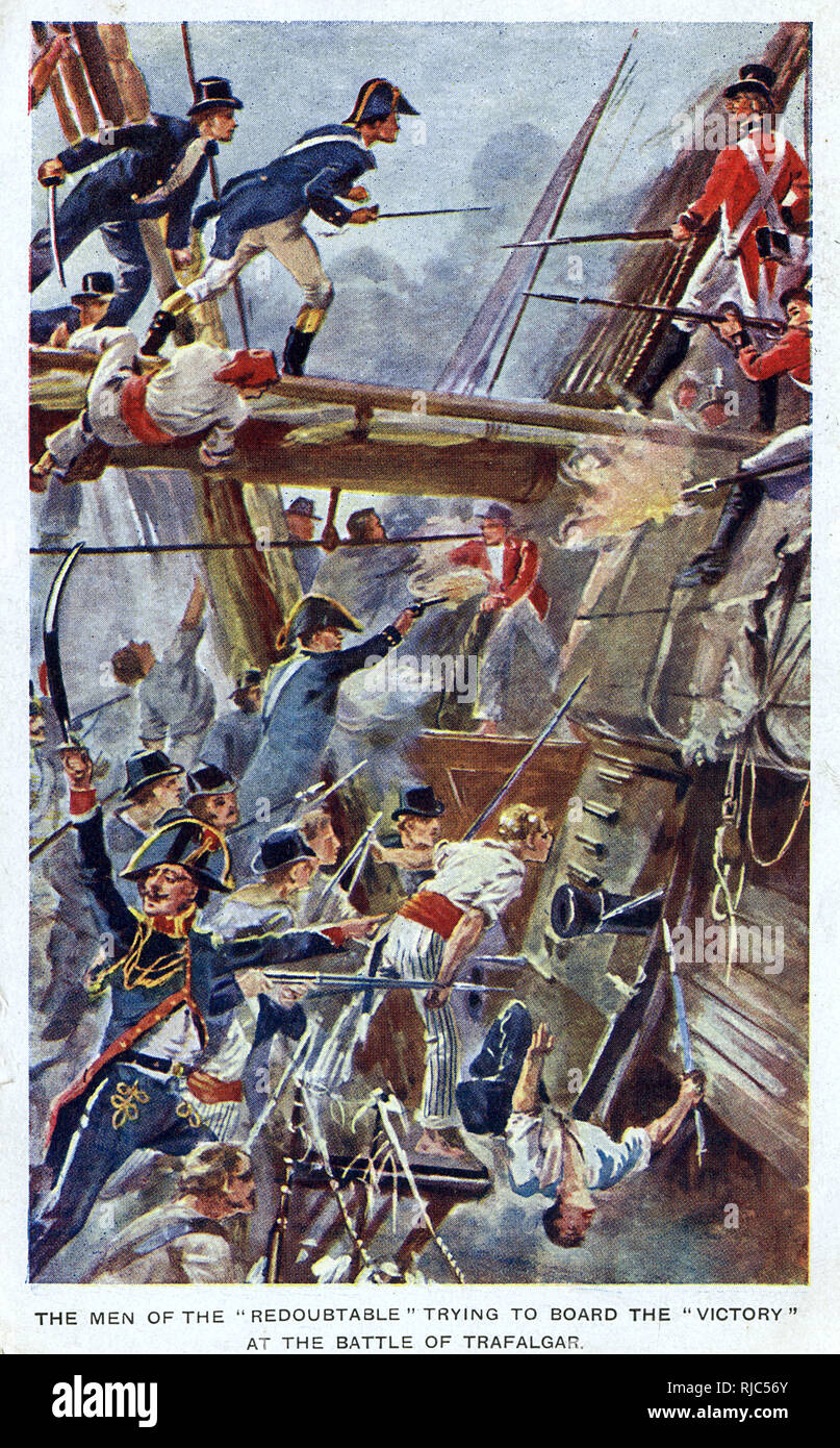 Men of the French vessel The Redoubtable try to board the HMS Victory ...