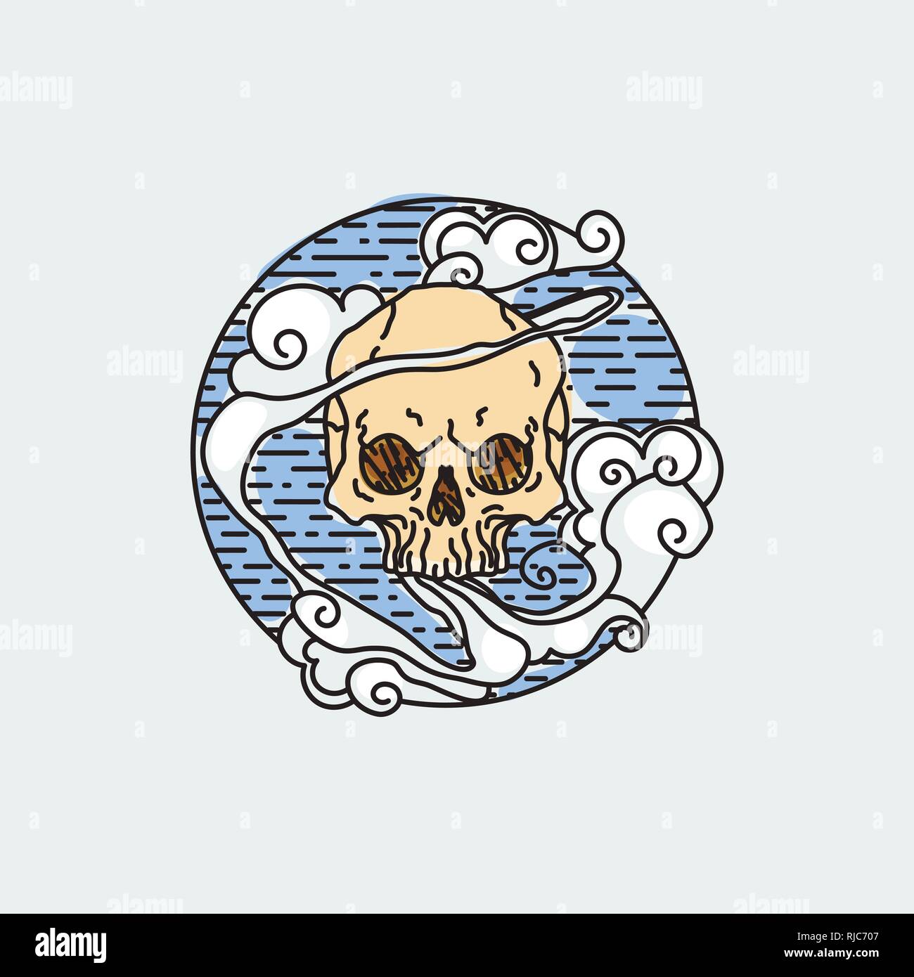 Vector illustration of color tattoo graphic human skull. Lined symbol ...