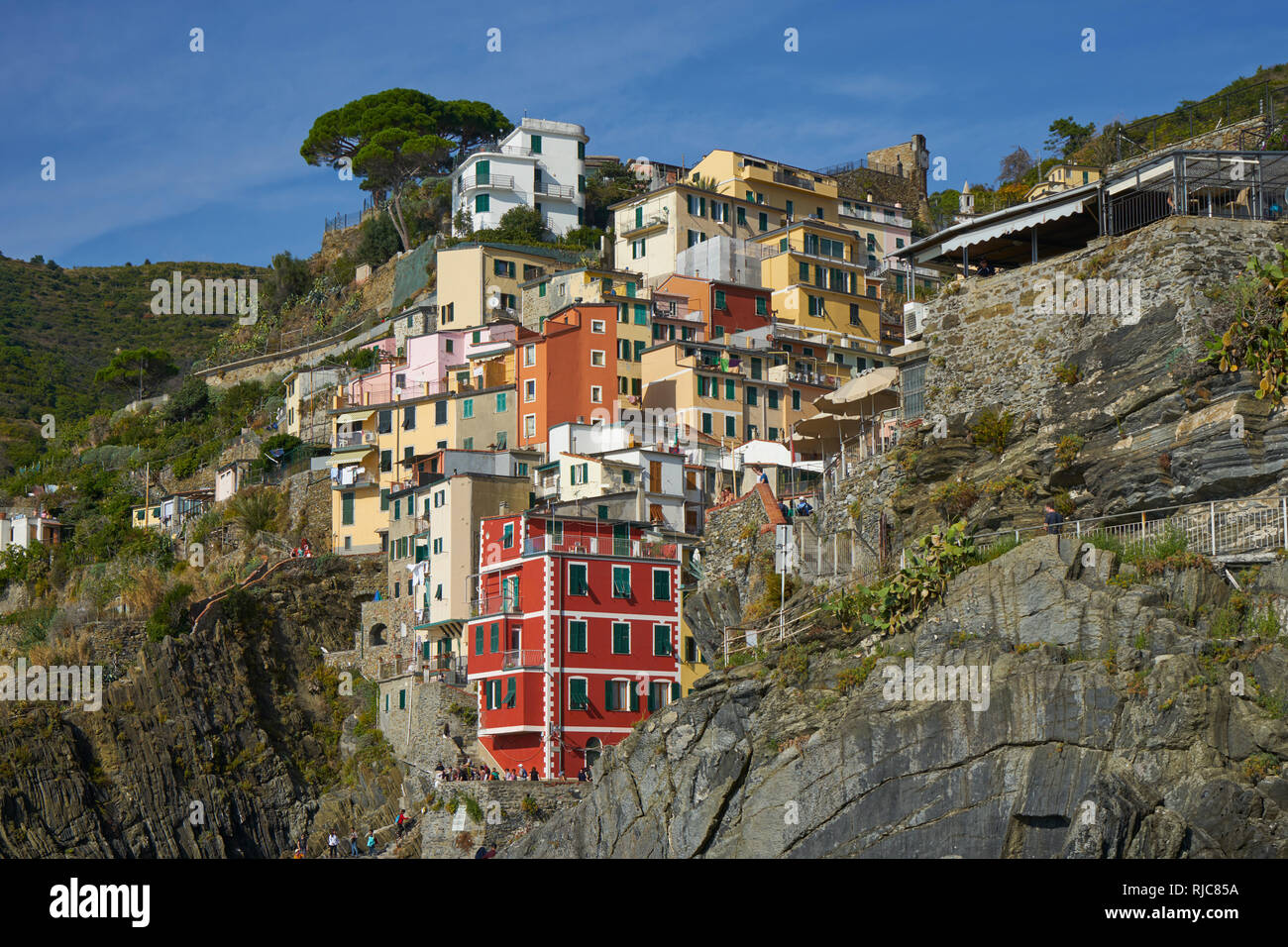 Riomaggiore from the sea, Cinque terre, Ligurian Coast, Italy Stock ...