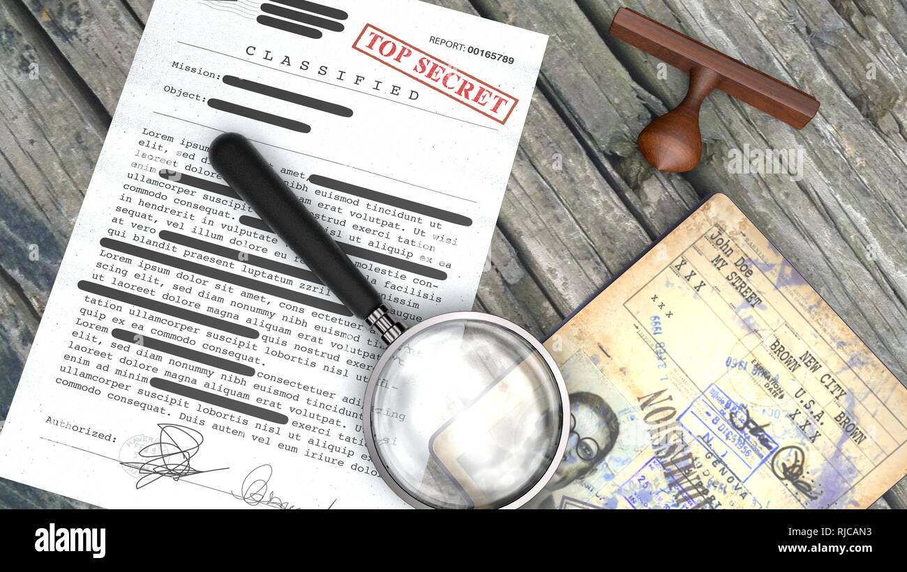 Top secret document. Magnifying glass and stamp, passport, secret agent ...