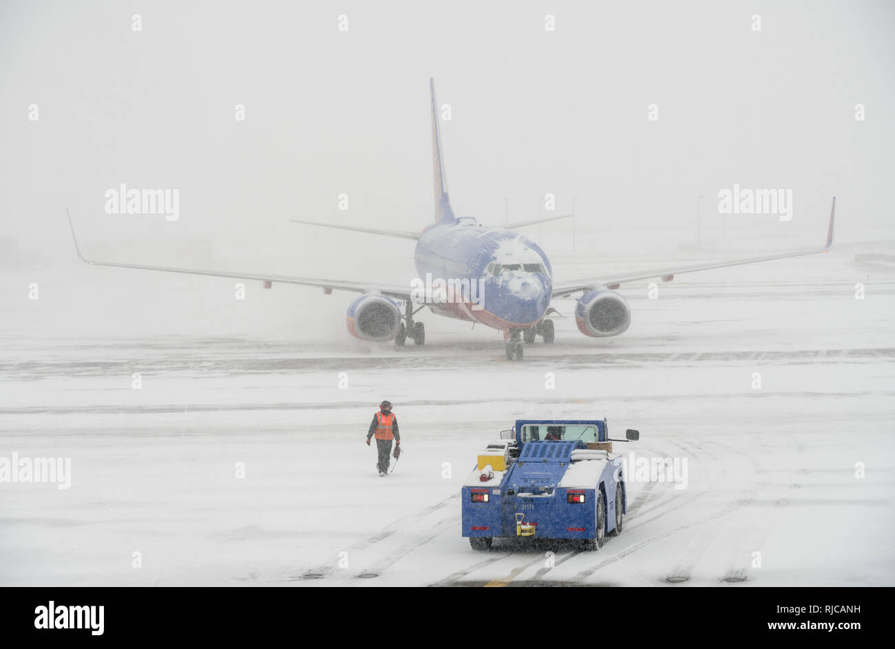 Southwest aircraft on the runway during snow storm in Denver Stock ...