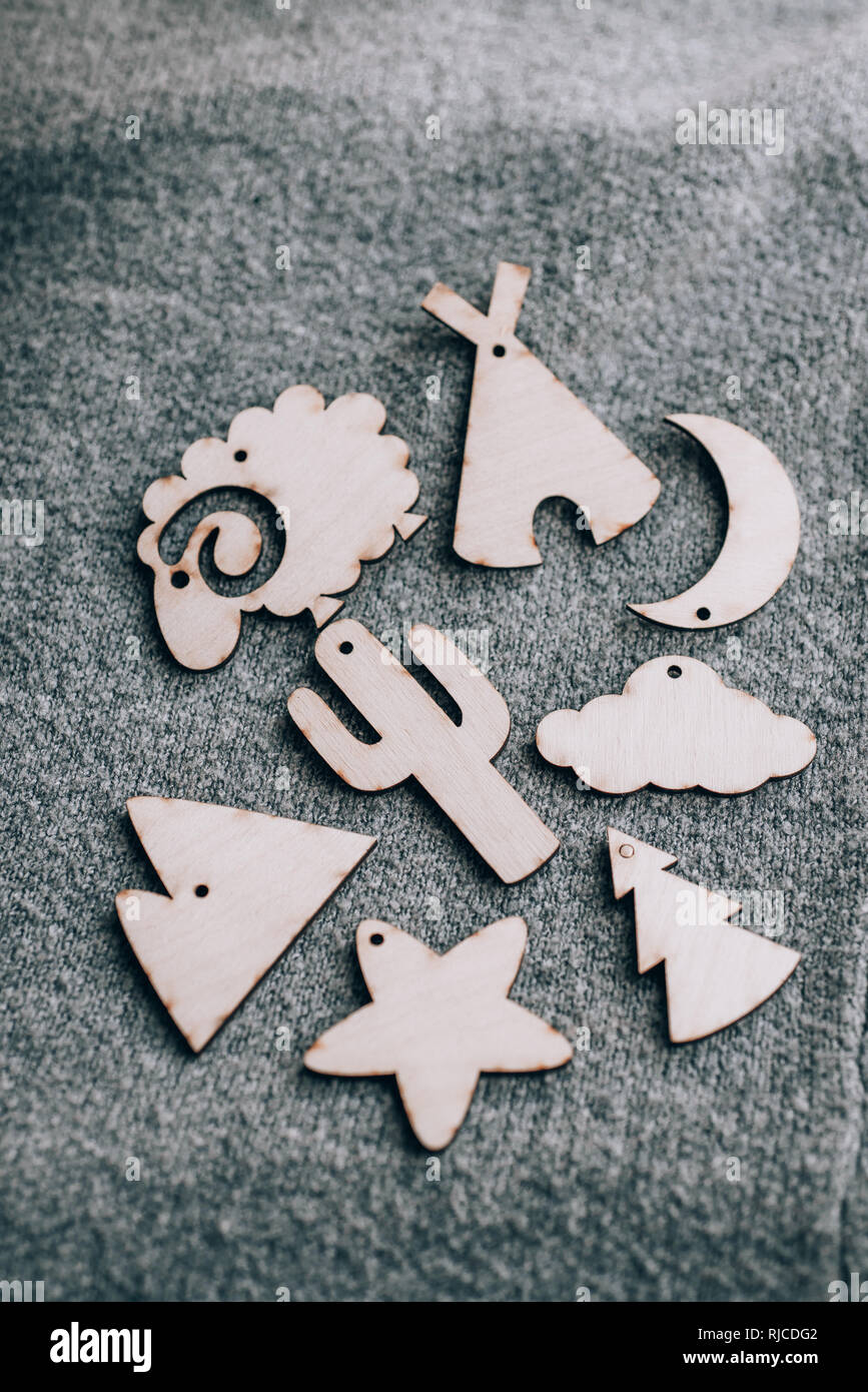 Wooden toy silhouette lamb, star, month, mountain, cactus, Christmas ...