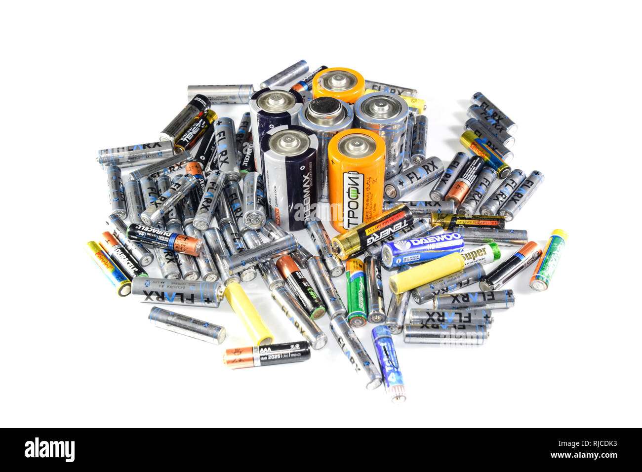 Krasnodar, Russia - February 4, 2019: Saline and alkaline batteries ...