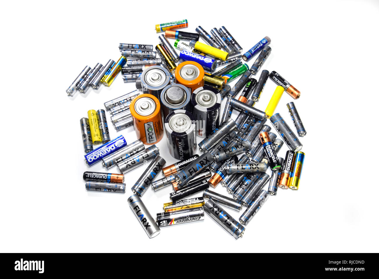 Krasnodar, Russia - February 4, 2019: Saline and alkaline batteries ...