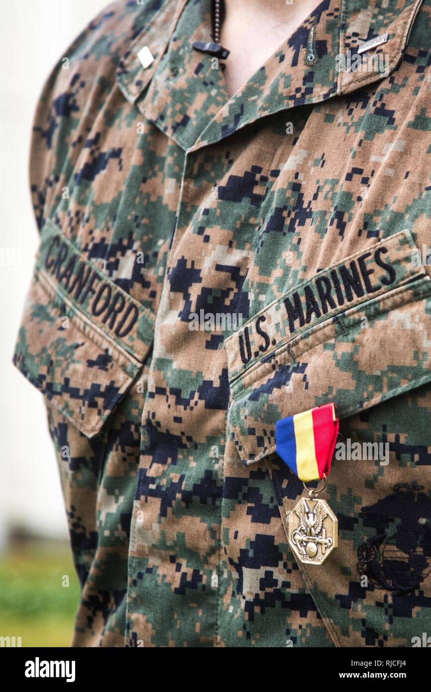 1st Lt. Aaron Cranford receives the Navy and Marine Corps Medal from ...