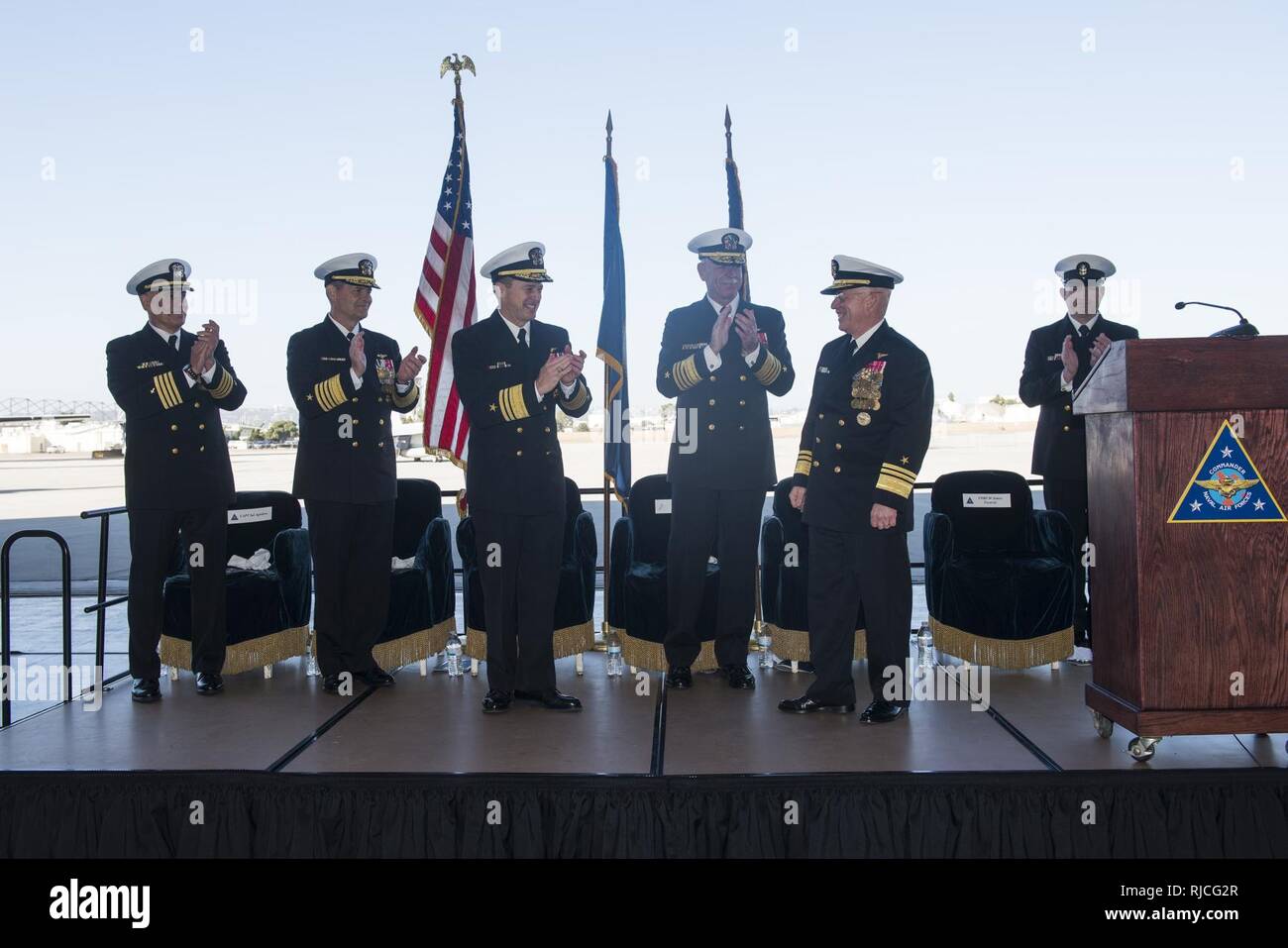 SAN DIEGO (January 11, 2018) Vice Adm. DeWolfe Miller III, center-right ...