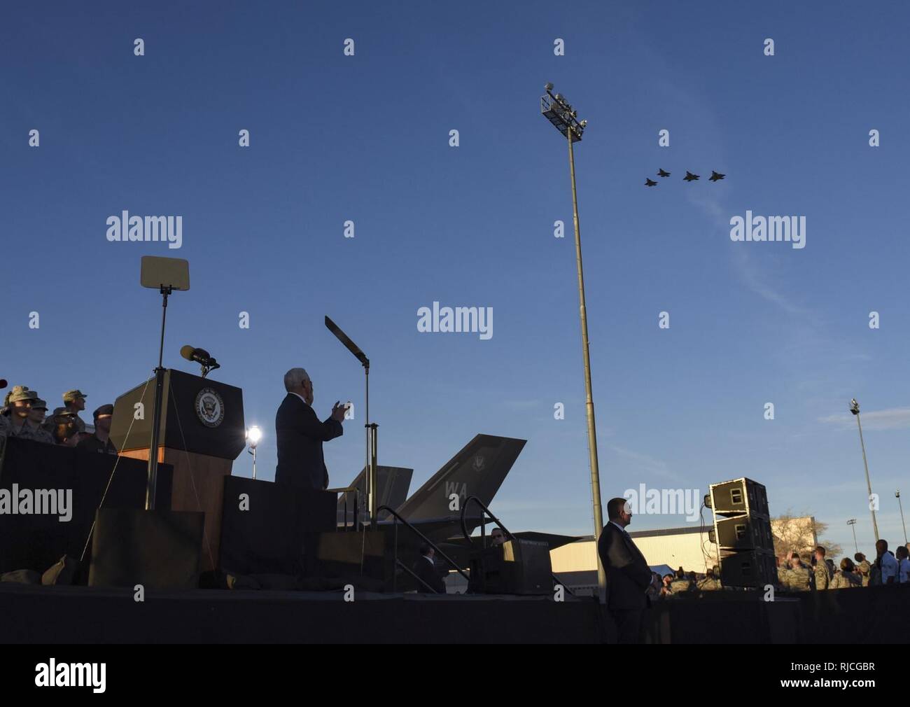 Vice President Mike Pence applauds as two F-35 Lightning II fighter ...