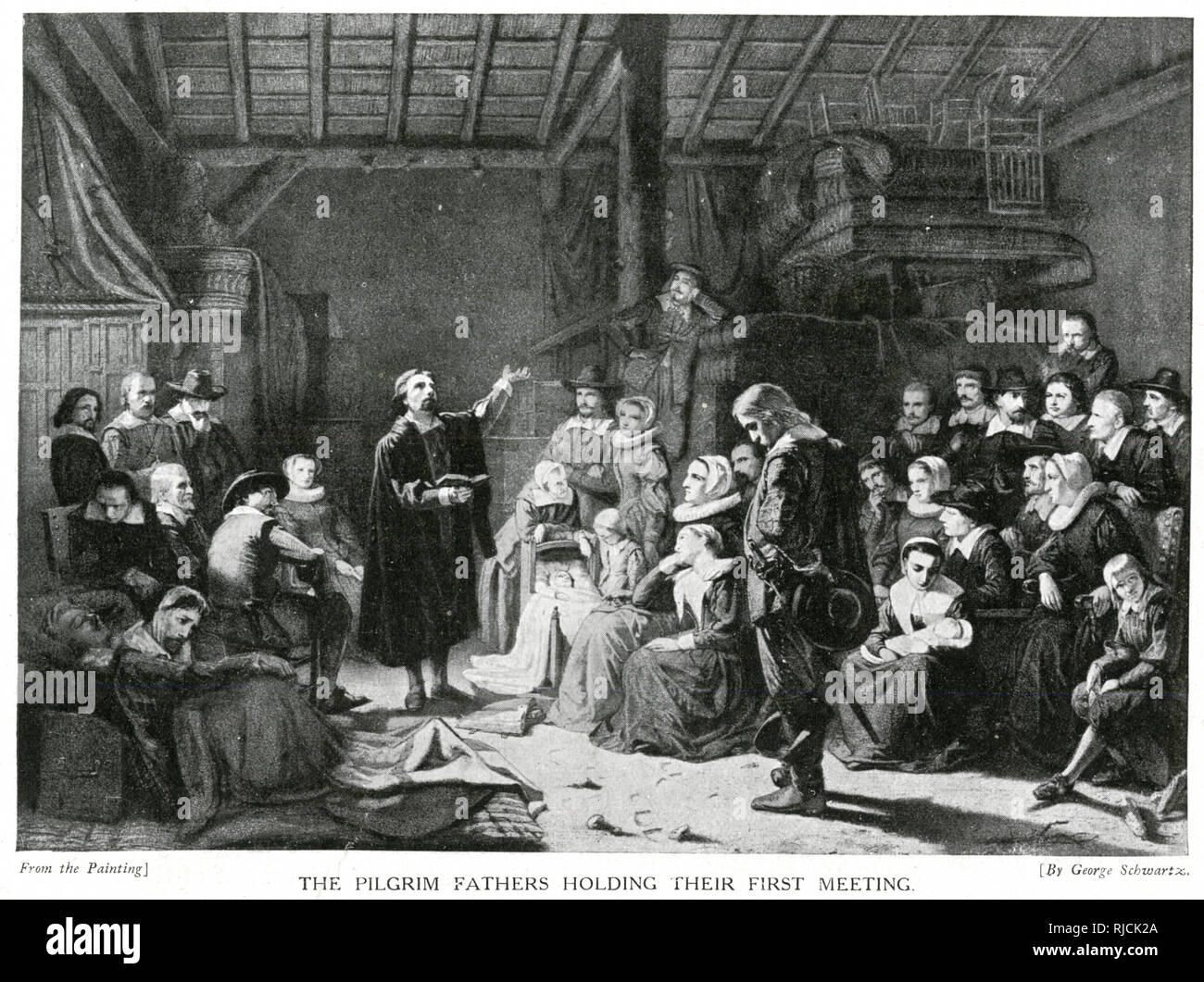 Inside a large wooden building, the pilgrims hold their first meeting ...