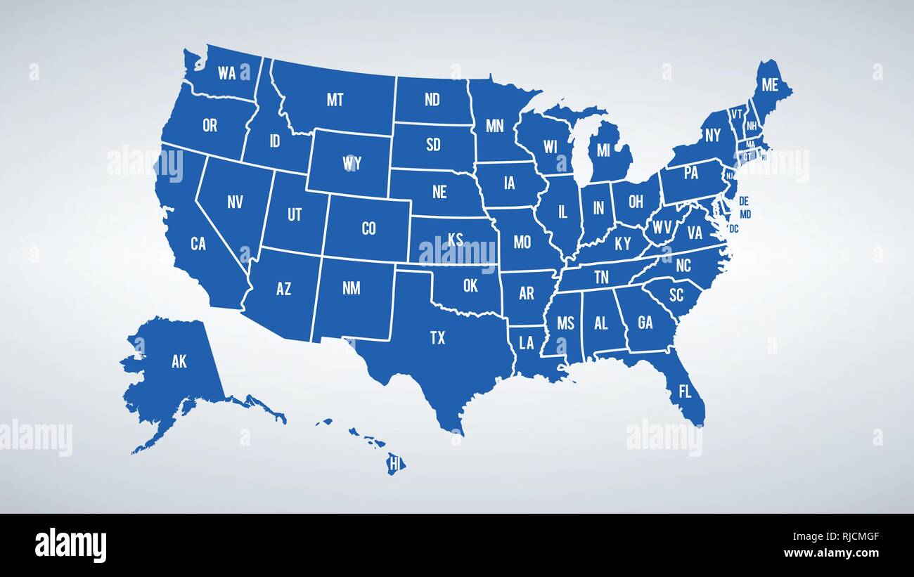 Vector USA colors map with borders of states and shorts name of each ...
