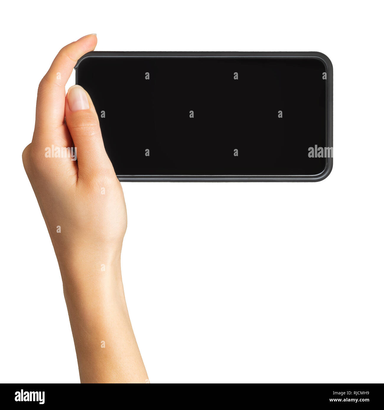 Women's hand showing black smartphone, concept of taking photo Stock ...