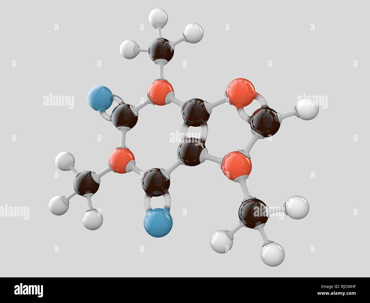 3d Illustration of Caffeine molecular model isolated grey background ...