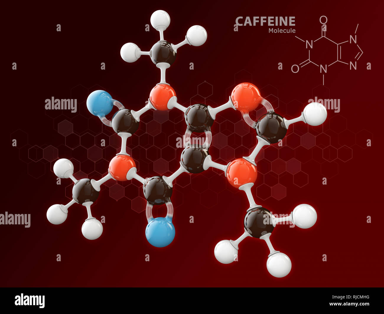 3d Illustration of Caffeine molecular model isolated red Stock Photo ...