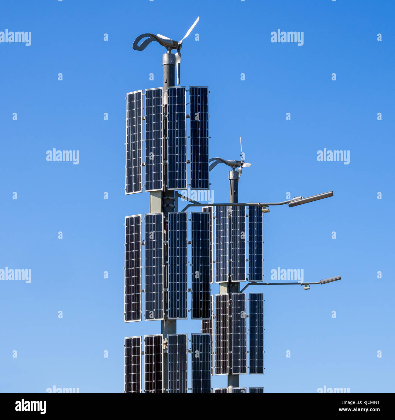 Solar panels and wind generators with LED lights Stock Photo - Alamy