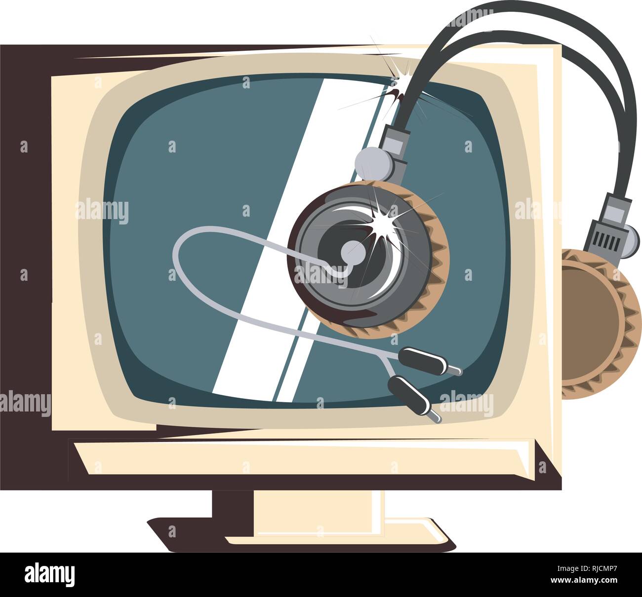 retro computer monitor with headset vector illustration design Stock ...