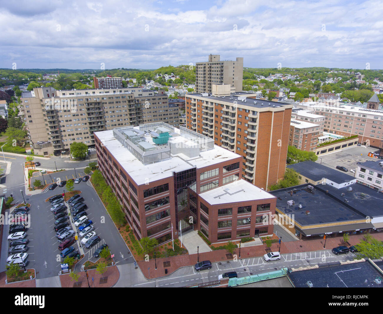 Malden city aerial view on Centre Street in downtown Malden ...